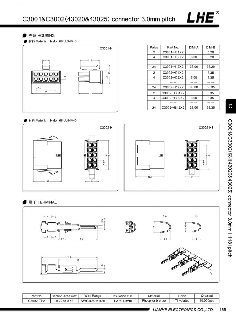 C3001&C3002&C3004(43640& 43645&43650) 3.0mm间距 连接器 – 浙江联和电子有限公司